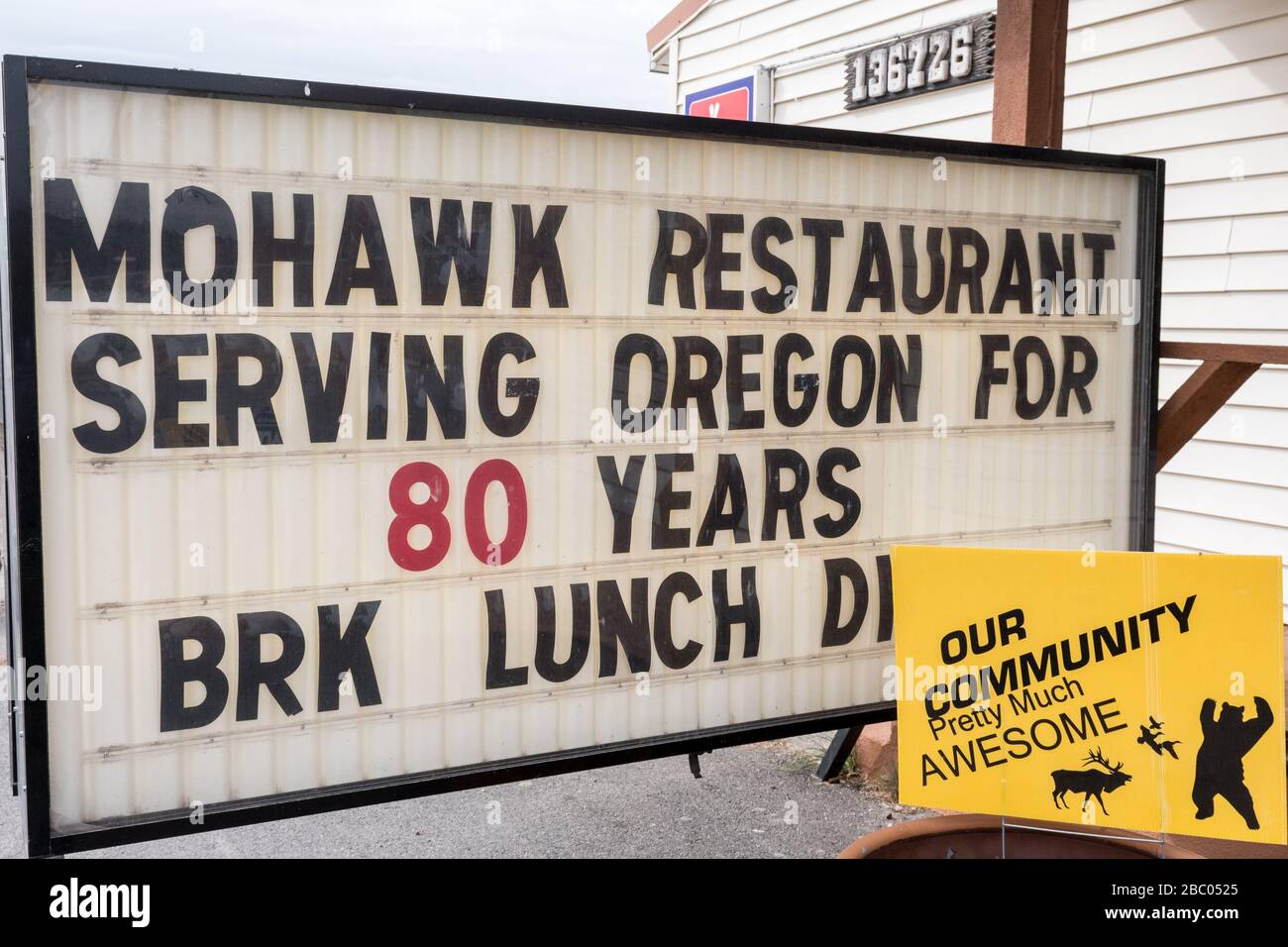 Sign of the 80 year old Mohawk restaurant in Crescent, Oregon, USA ...
