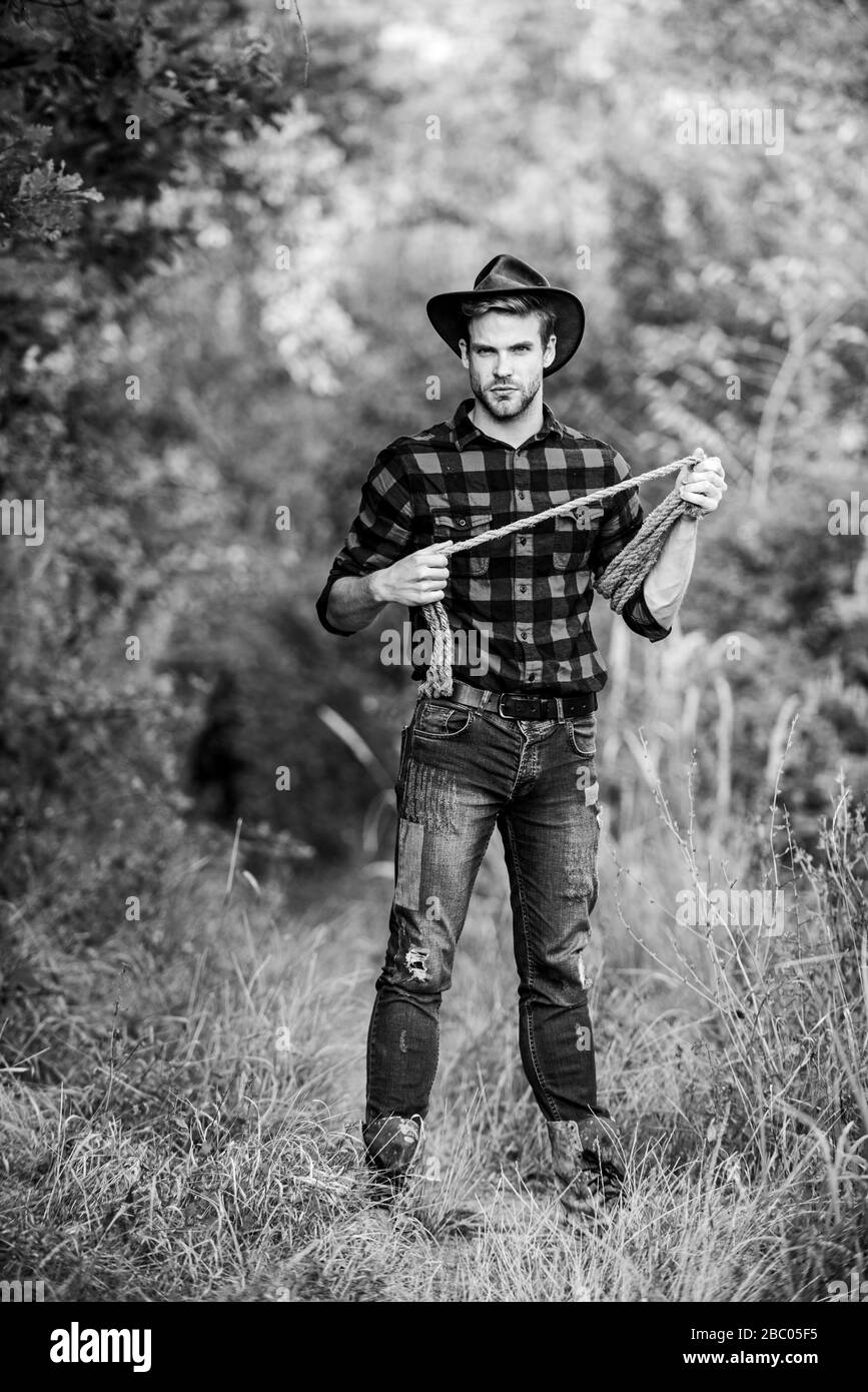 the game is over. wild west rodeo. man in hat outdoor. cowboy with ...