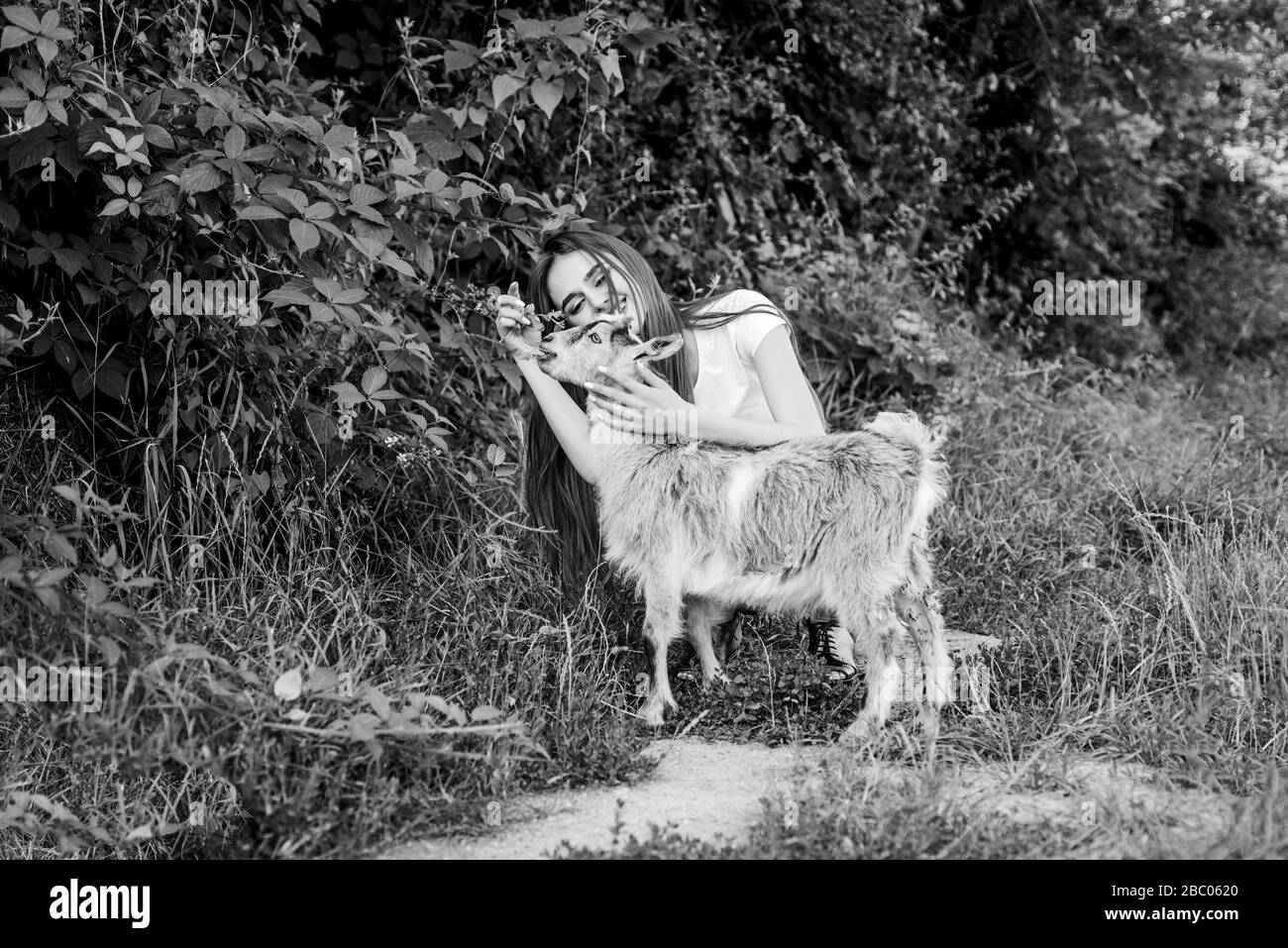 love. farm and farming concept. Animals are our friends. happy girl ...