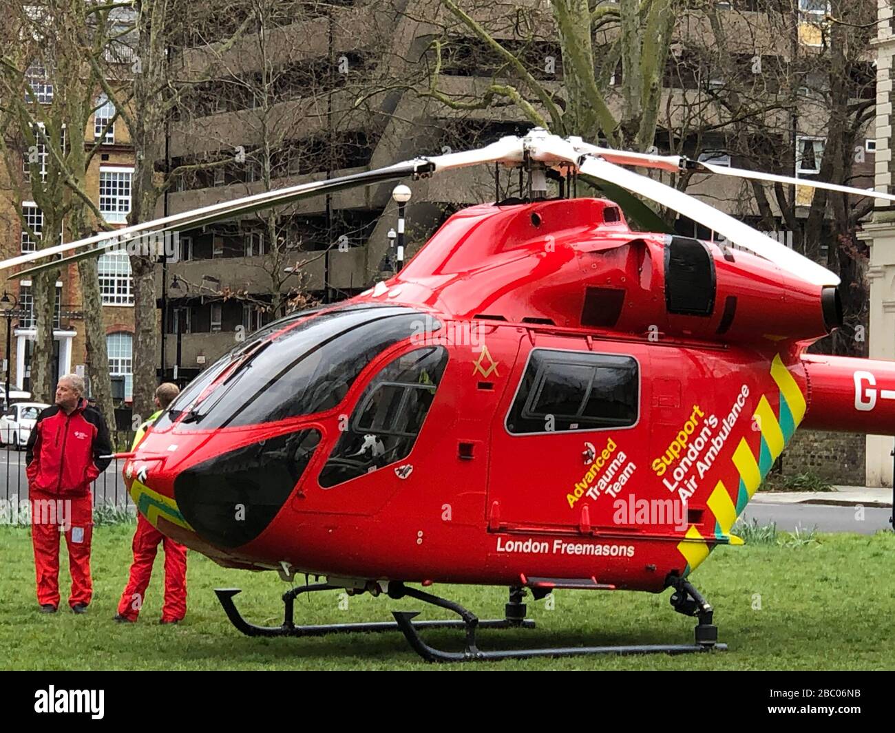 London, UK. 1st April 2020. London's air ambulance G-LNDN helicopter ...