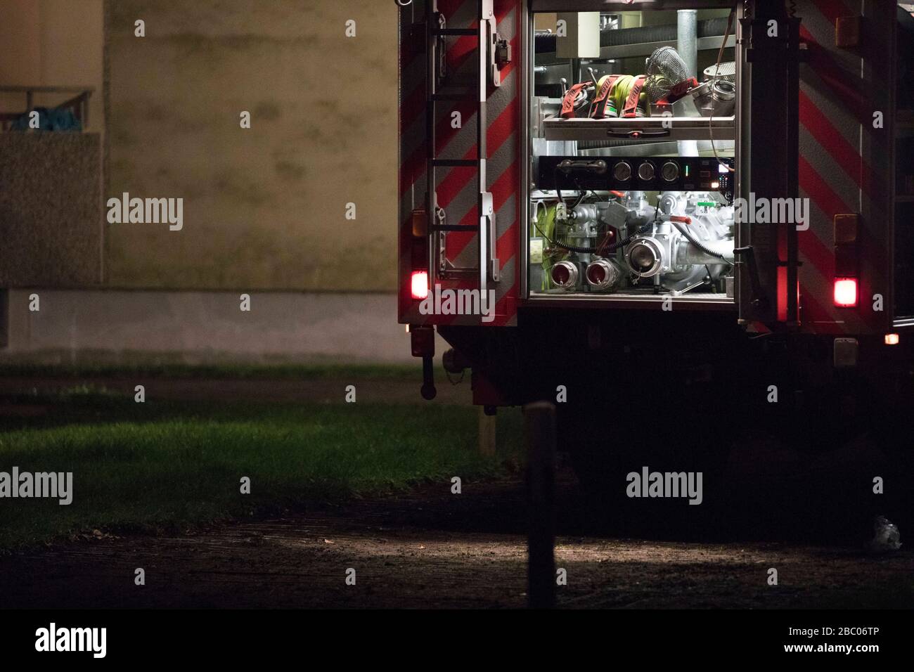 Rescue exercise with long ladder and basket from a house by the ...