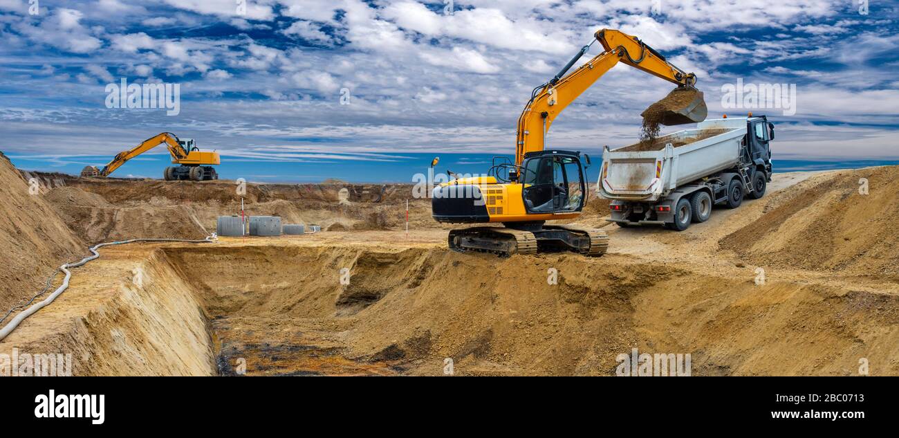 Construction site with construction machine or excavator [automated ...