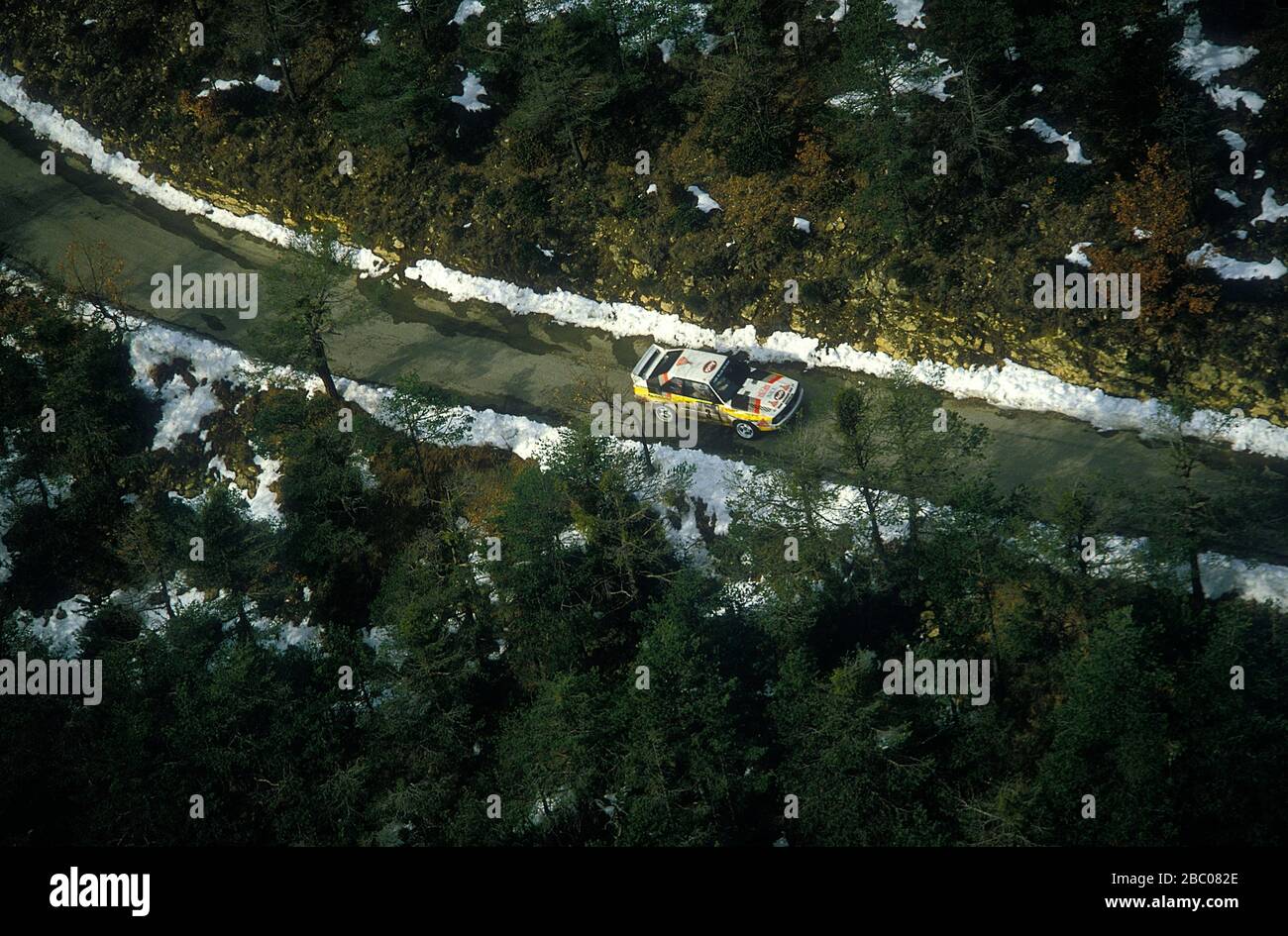 Walter Rohrl in his Audi Quattro sport on a stage of the 1985 Monte ...