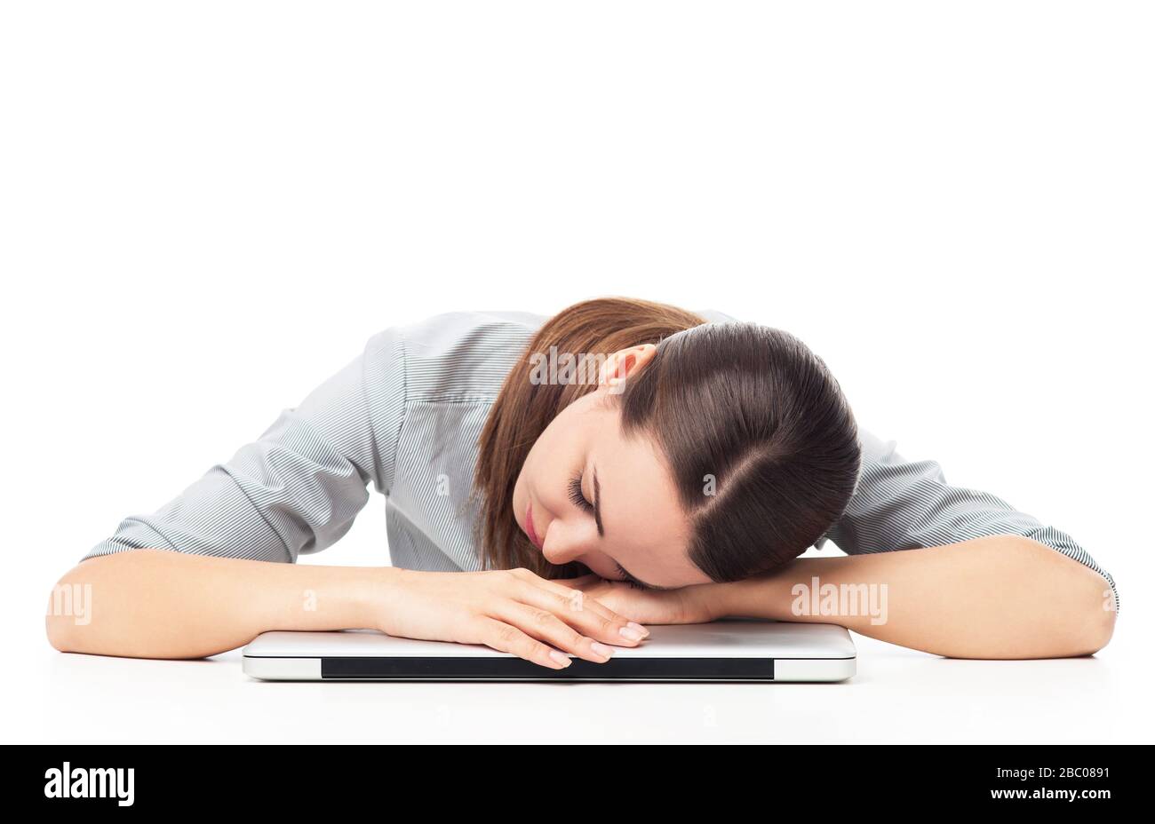 Tired woman sleeping on laptop Stock Photo - Alamy
