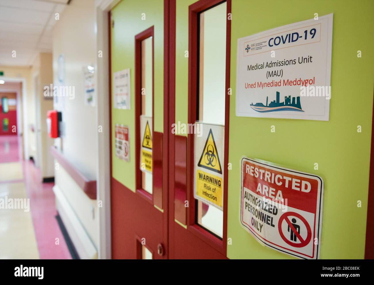 Signage on the Covid-19 ward at the Neath Port Talbot Hospital, in ...