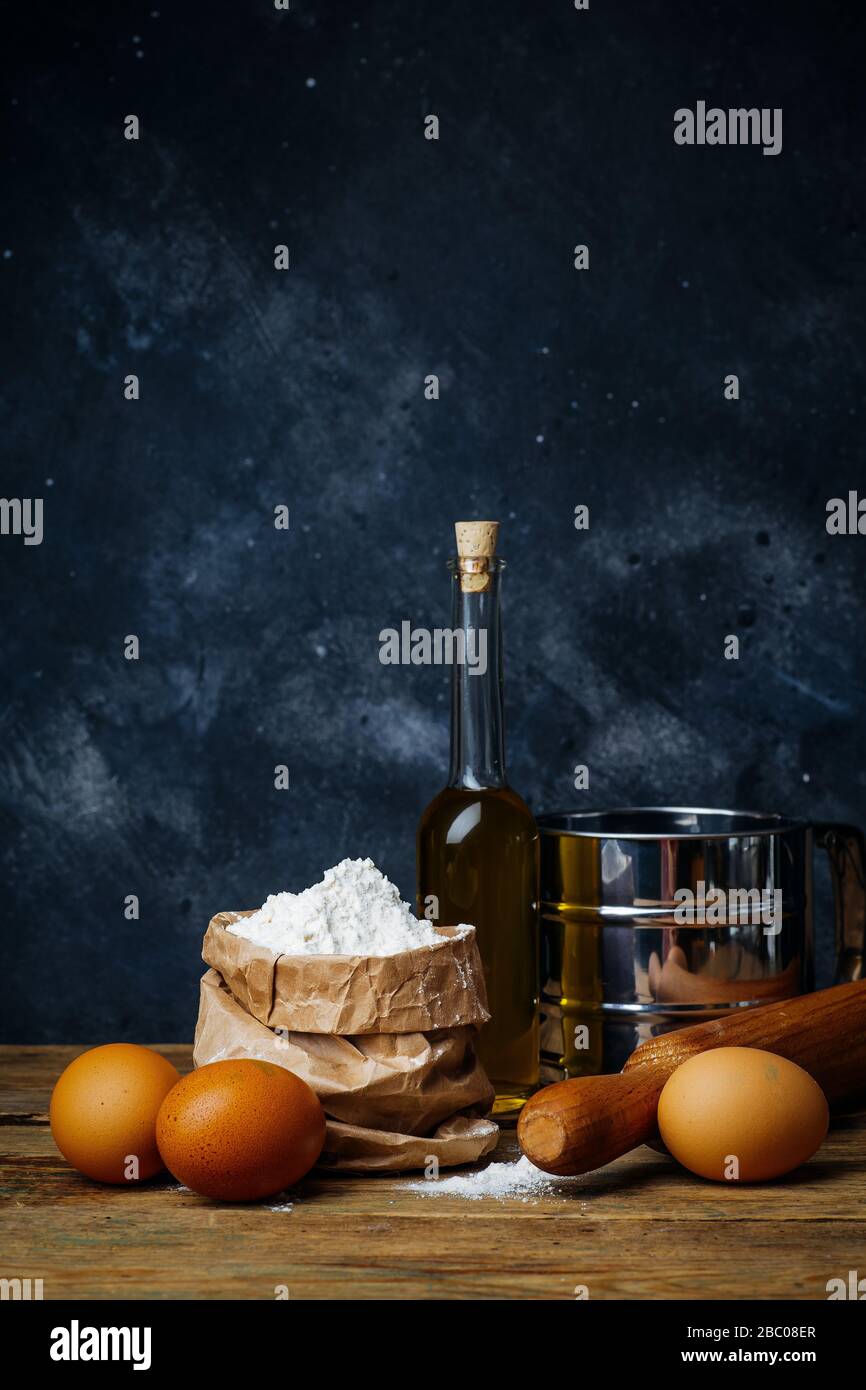 Cooking and baking background. Old kitchen with products and ...