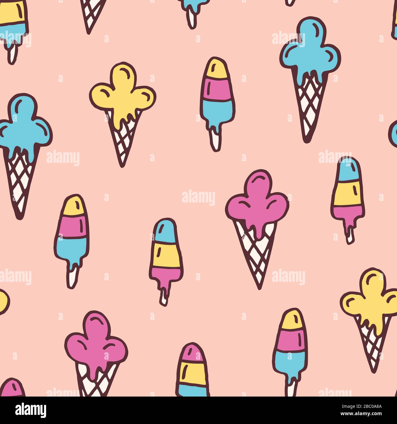 Colorful Hand Drawn Felt Tip Marker Melting Ice Cream Cones And Scoops