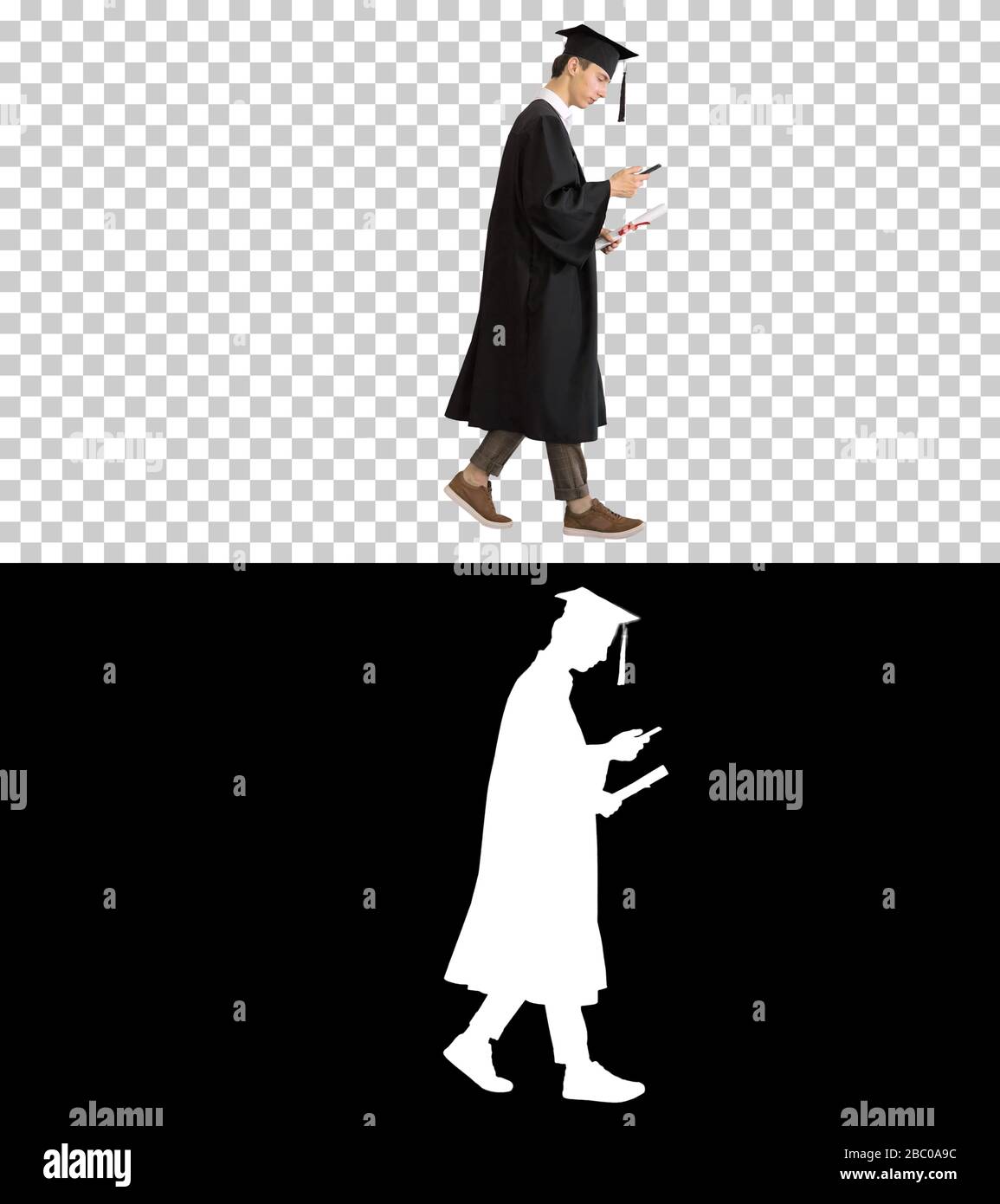 Graduation: Happy student walking and texting on his phone, Alph Stock ...