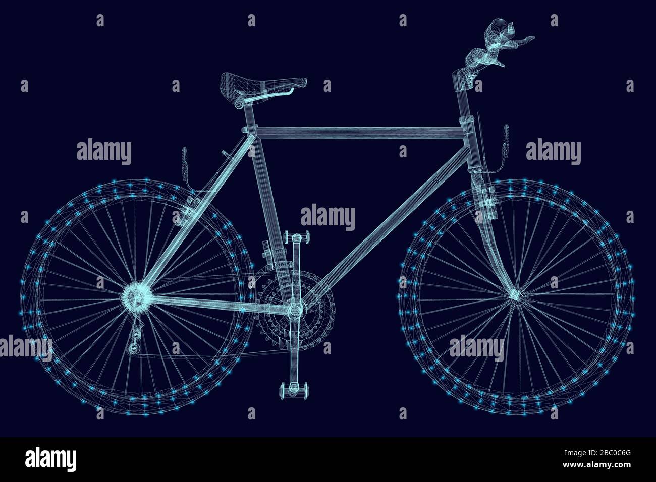 Bicycle wireframe made of blue lines with luminous lights on a dark ...