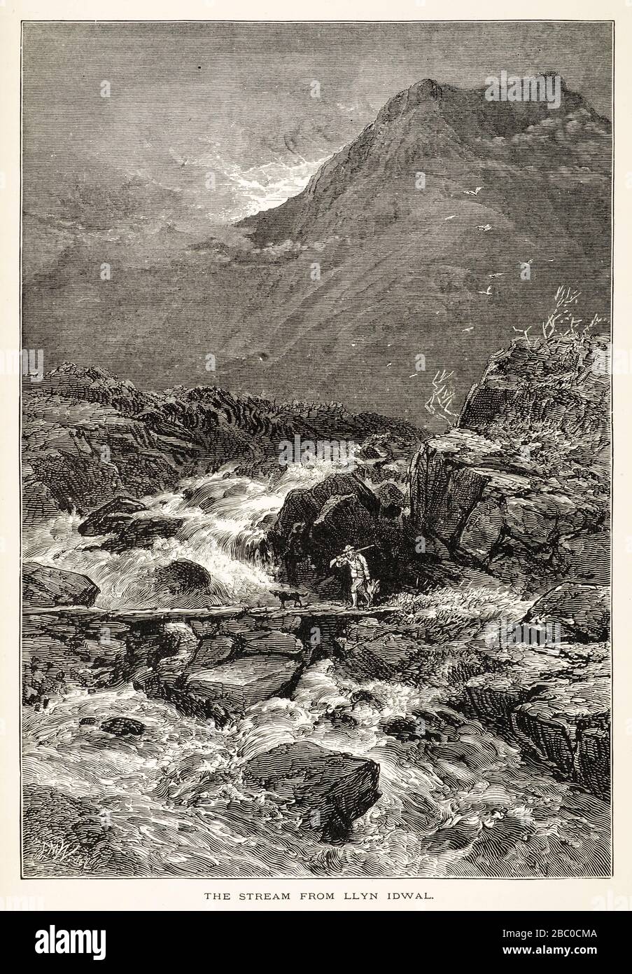 Antique 19th century engraving of a stream leading from Llyn Idwal in ...