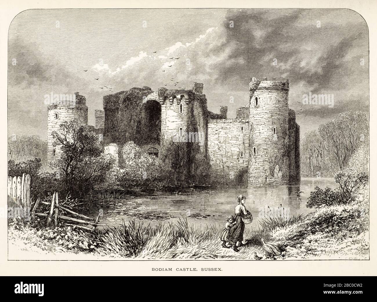 Antique 19th Century Engraving Of Bodiam Castle East Sussex Uk Stock