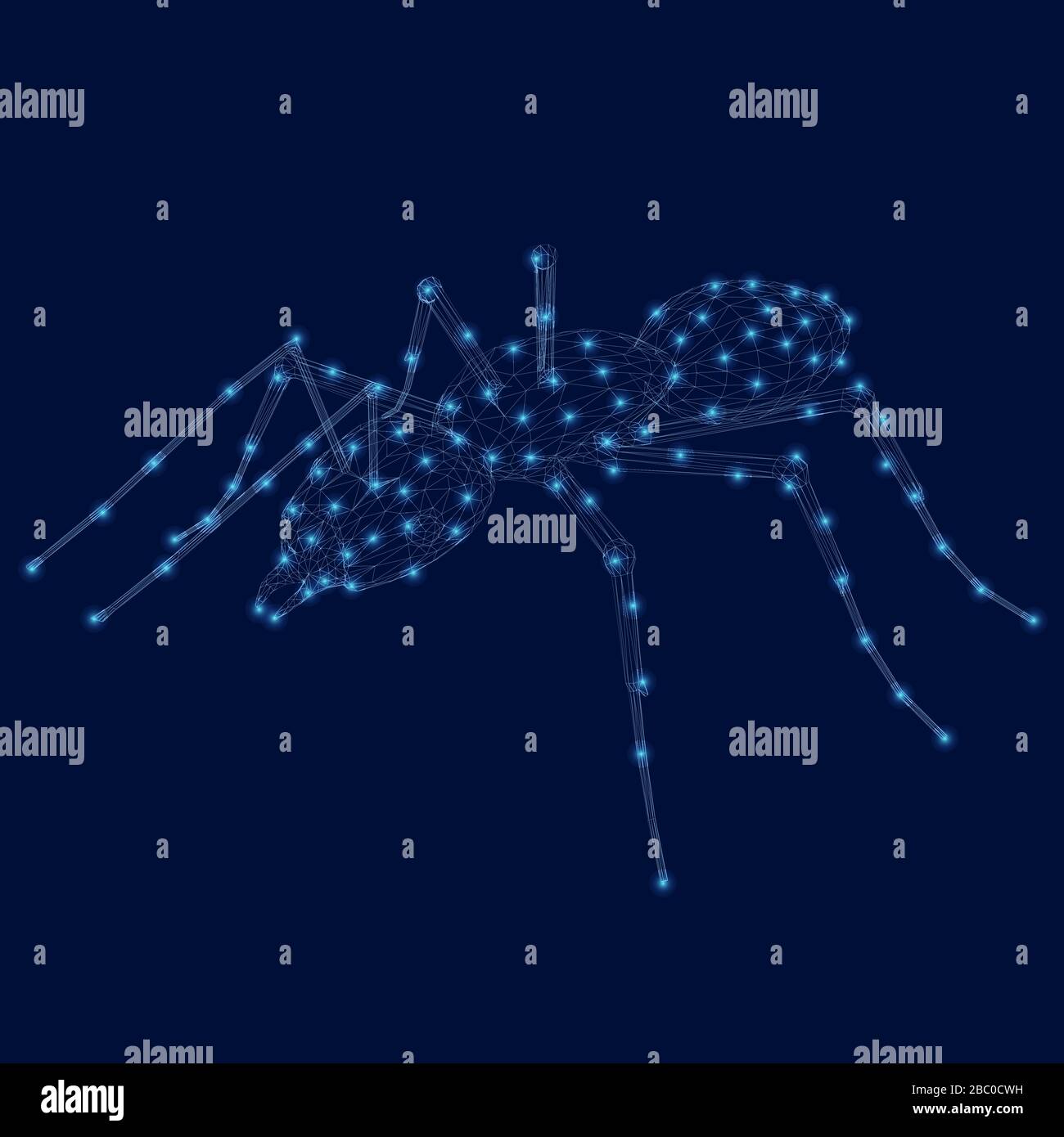 Wireframe ant with luminous lights of blue lines on a dark background ...