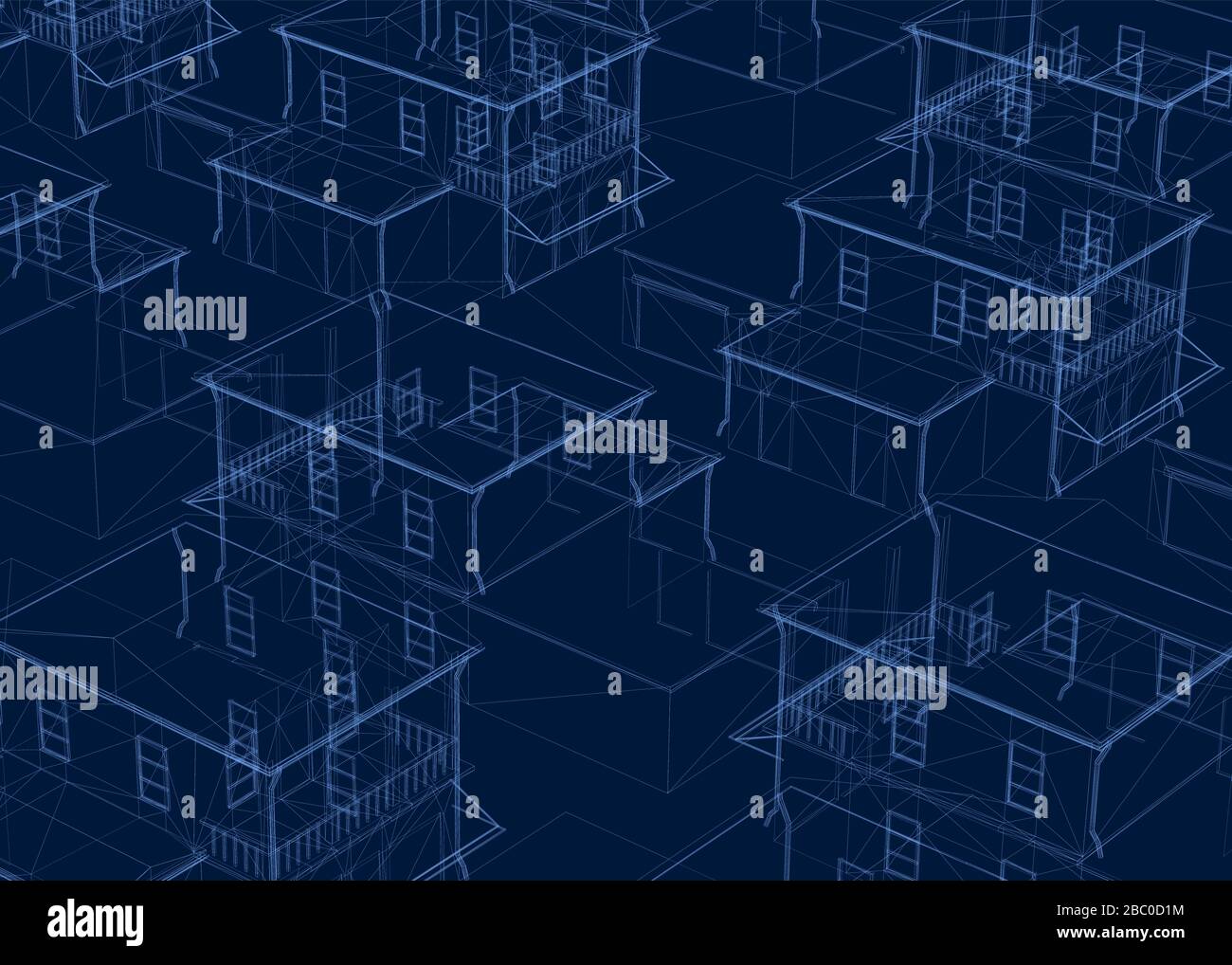 Wireframe of houses from blue lines on a dark background. View ...