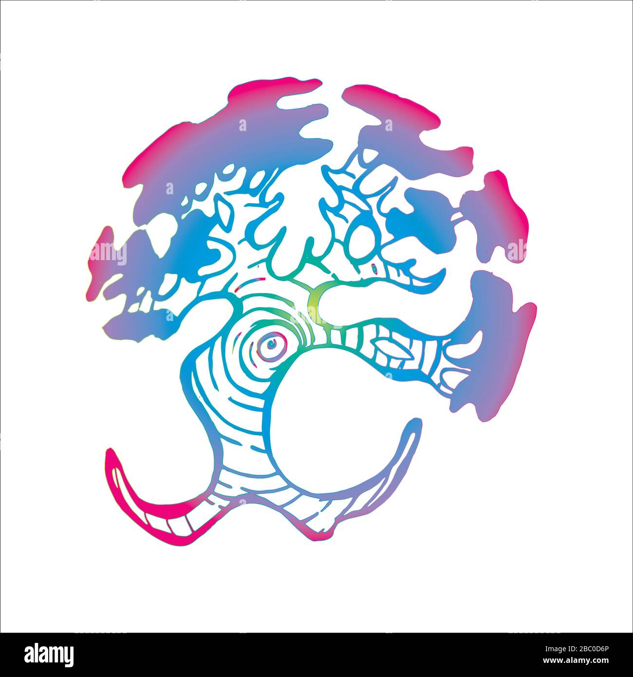 color neon illustration of a running tree with a spiral ornament. The ...