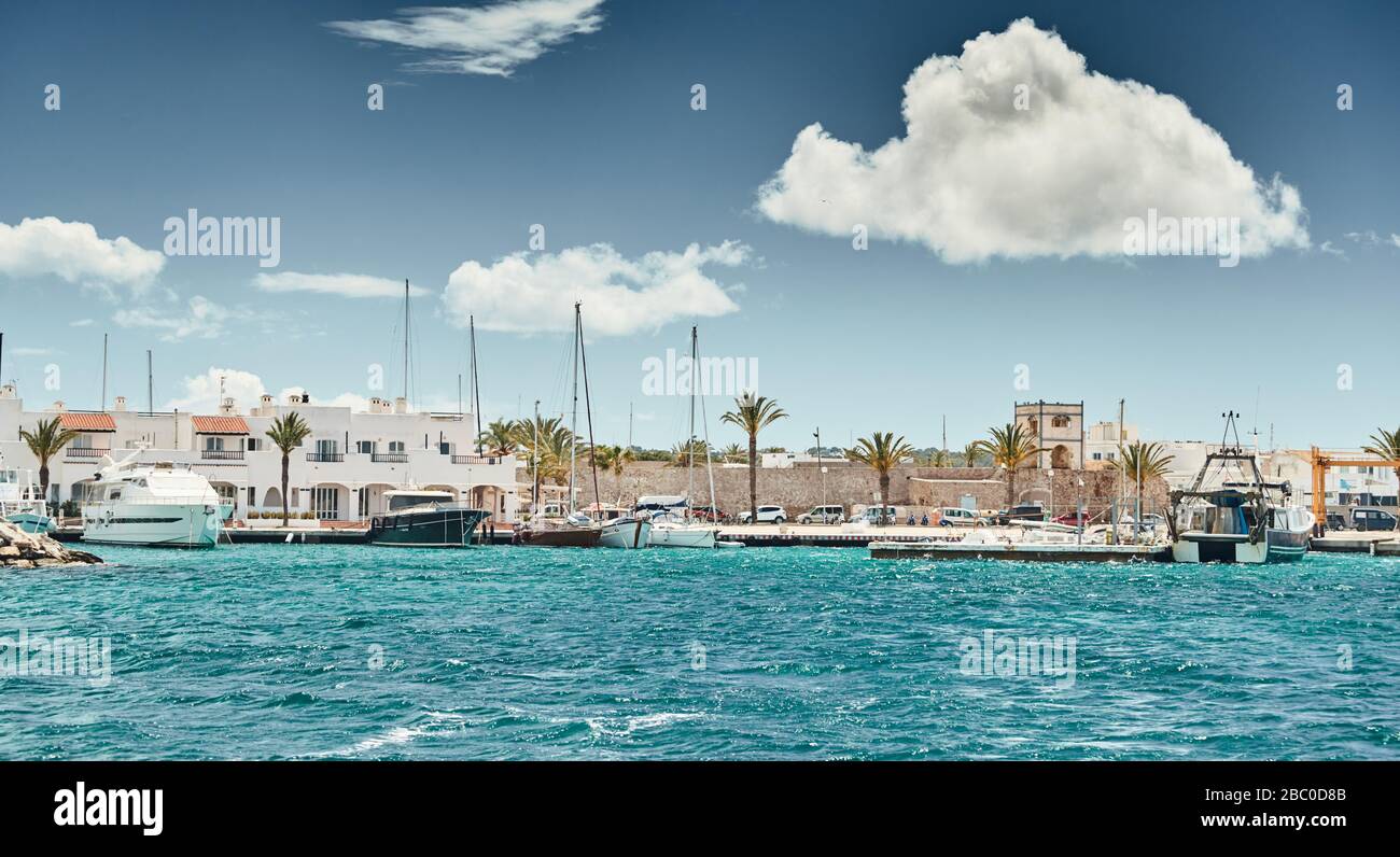 Spain, Formentera, 29 April 2018: The harbor of famous Formentera, a ...