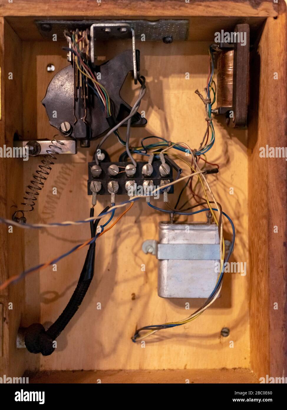 Internal and analog system, of an old retro wall telephone, made of ...
