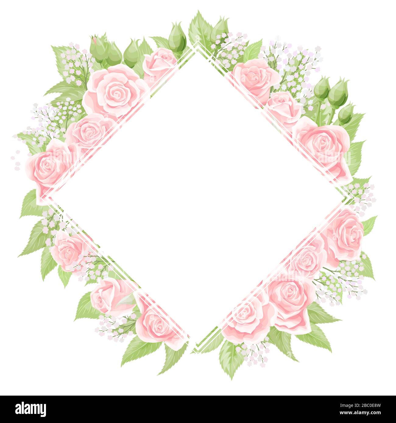 Pink cream rose square frame, hand draw vector illustration Stock ...