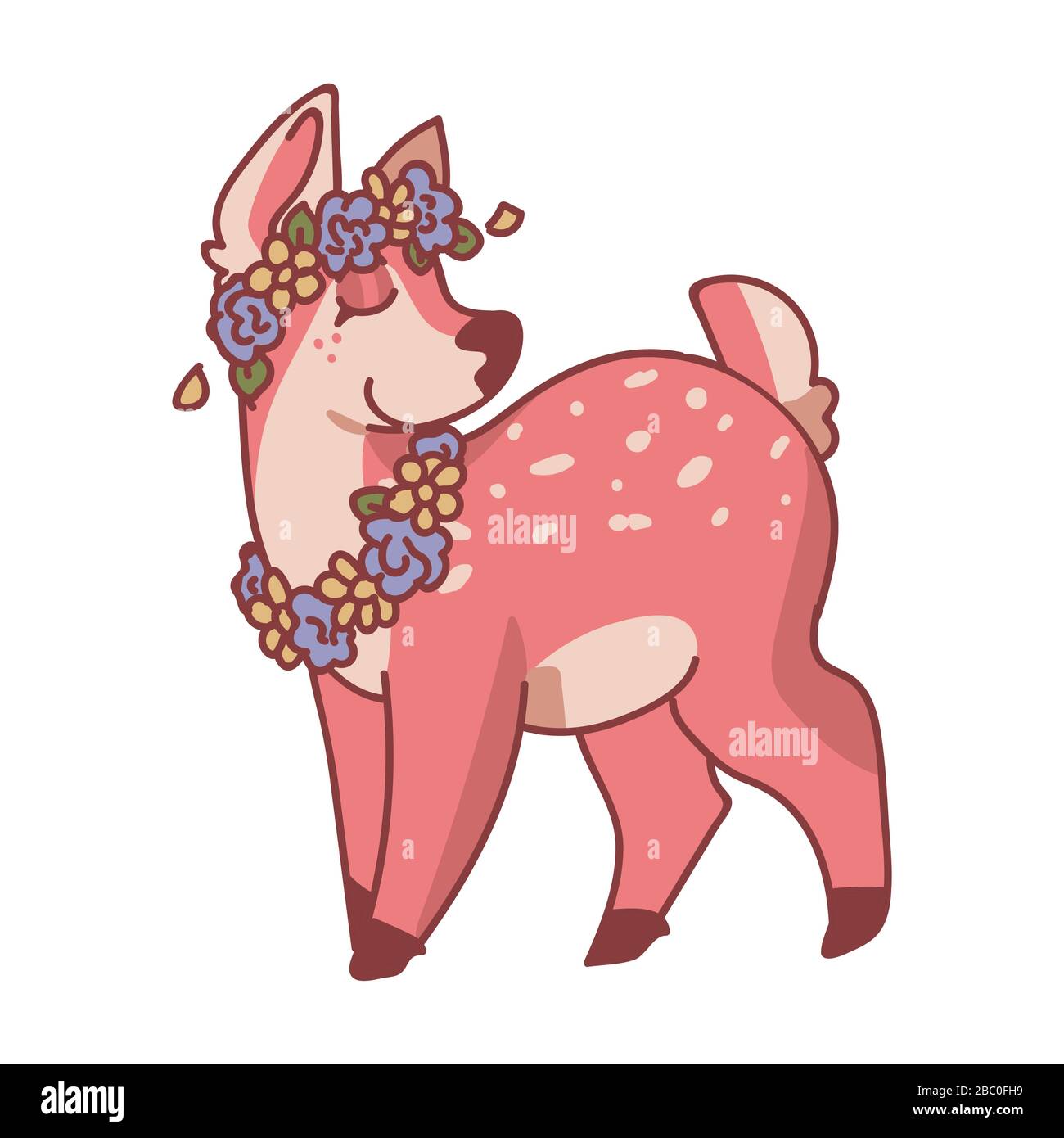 Pink cute cartoon deer animal illustration. Kawaii girly doe with ...