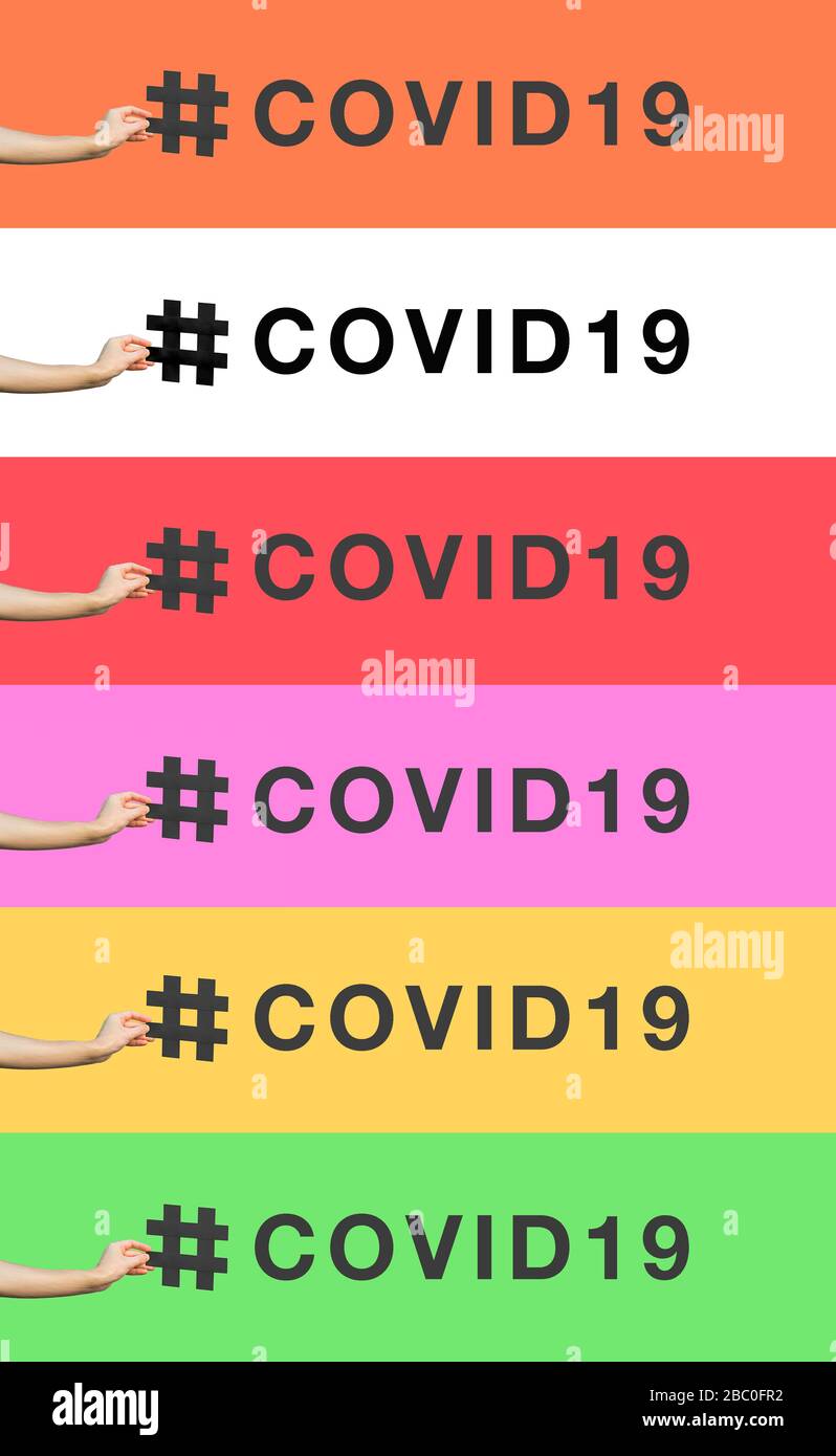 #covid19. Covid-19 hashtag. Social media concept. closeup of human hand ...
