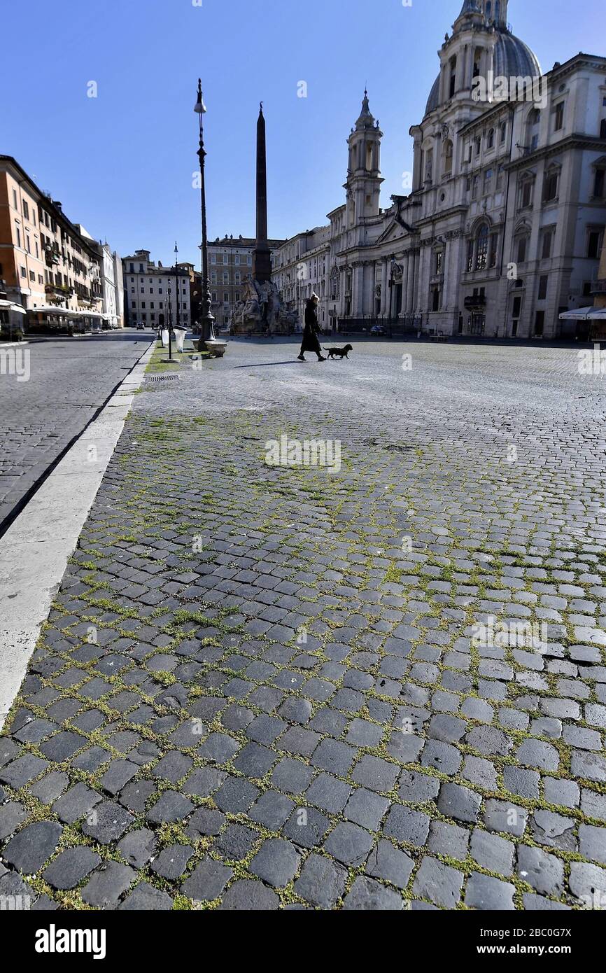 Rome, Piazza Navona looks like a green lawn, the grass grows among the ...