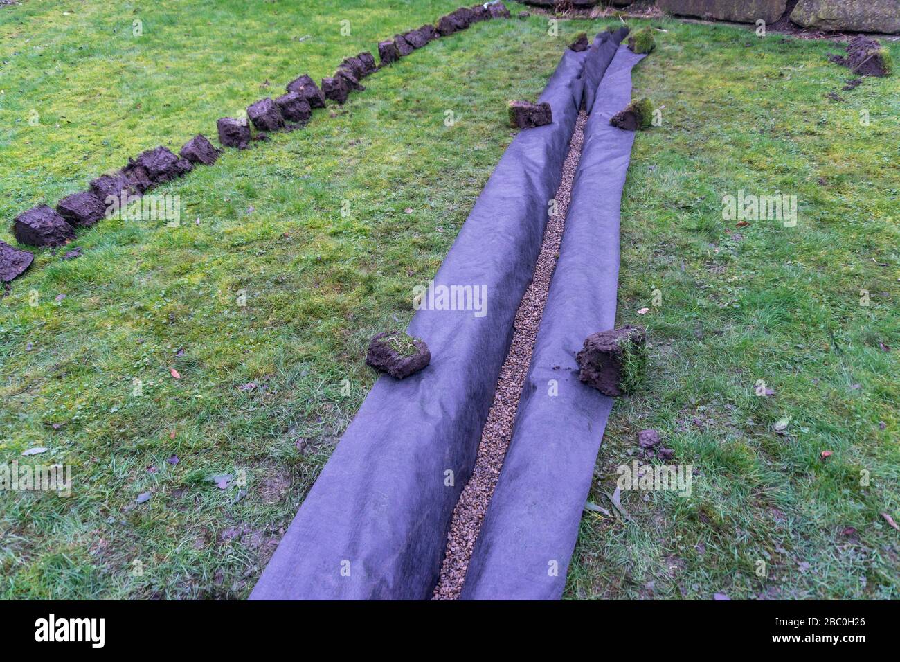 Installing a drainage trench in a garden lawn Stock Photo - Alamy