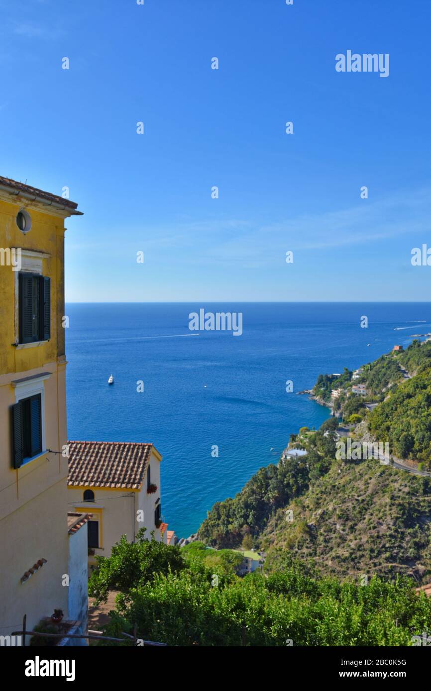 Panoramic view of the sea from Raito, a village on the Amalfi coast in ...