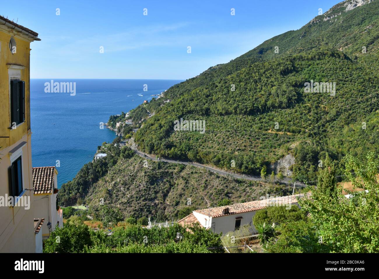 Panoramic view of the sea from Raito, a village on the Amalfi coast in ...