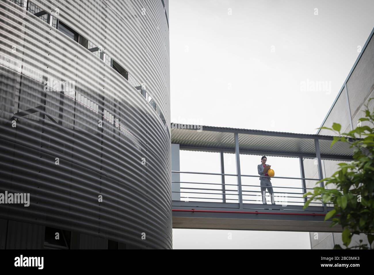 Female supervisor standing on elevated walkway between factory ...