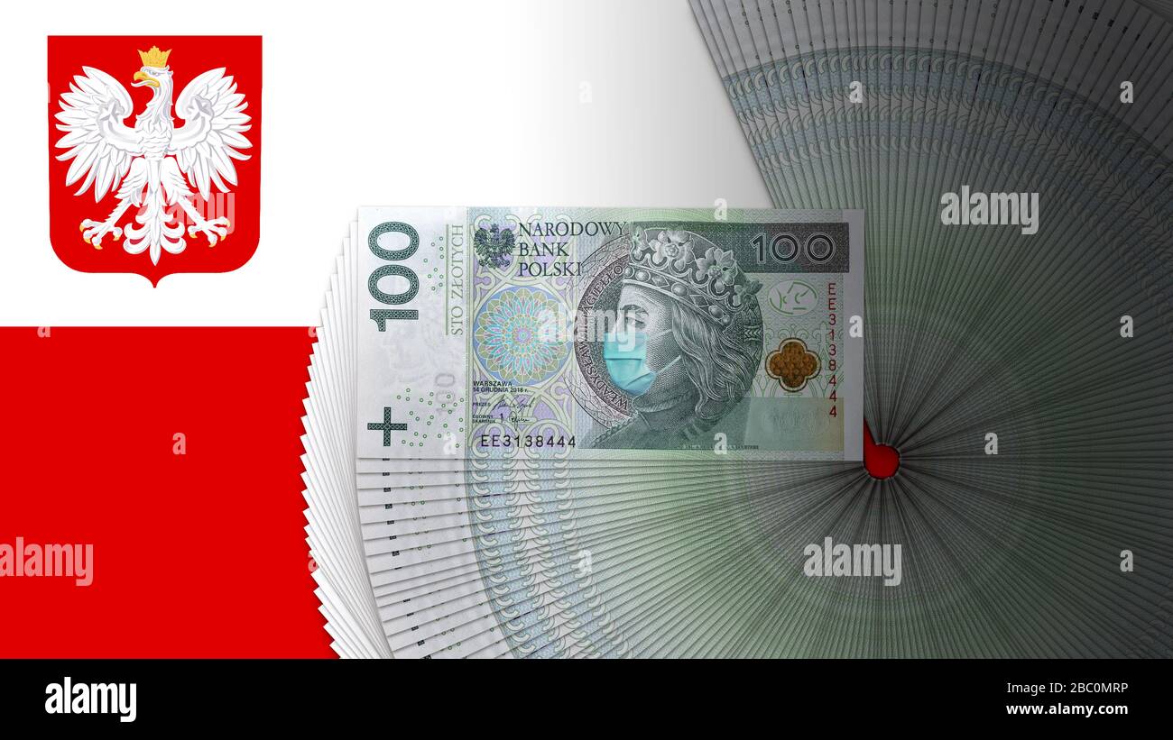 National Emblem of the Republic of Poland on Polish white-red flag and ...