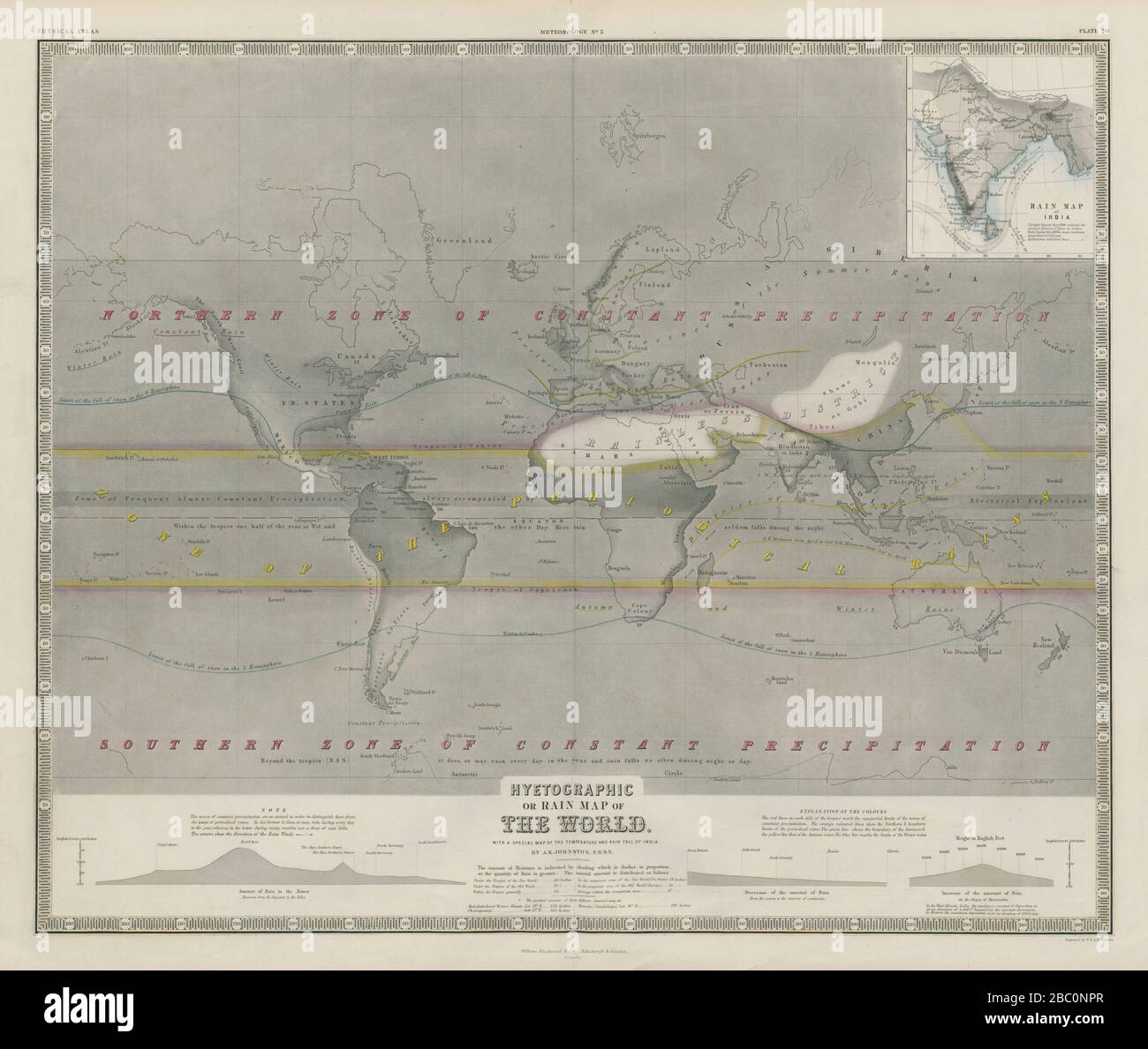 Hyetographic or rain map of the world. Monsoon zones. JOHNSTON 1856 old ...