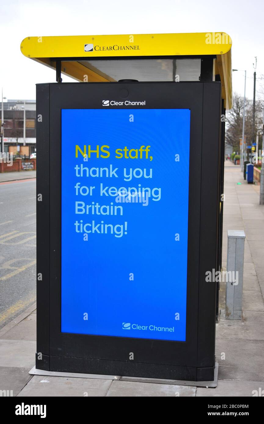 Warning signs and public information displayed on bus stop's, shop ...