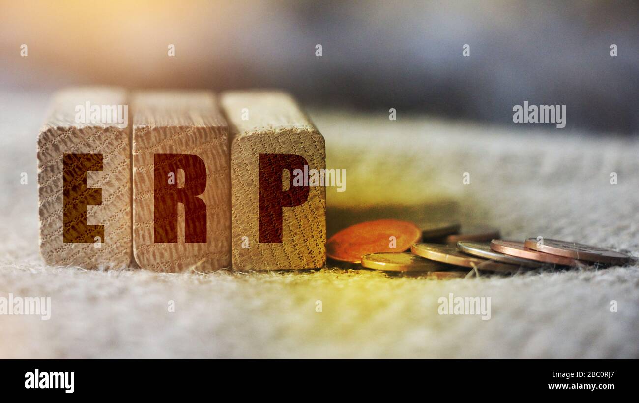 ERP letters on wooden blocks and coins. Enterprice Resourse Planning ...