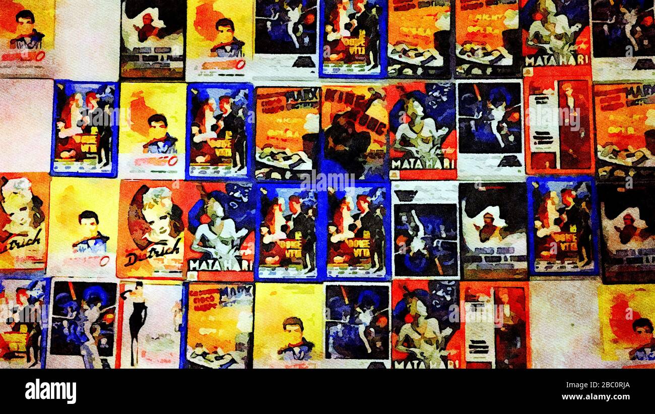 Museum of cinema, ancient posters of classic films from 1900 Stock ...