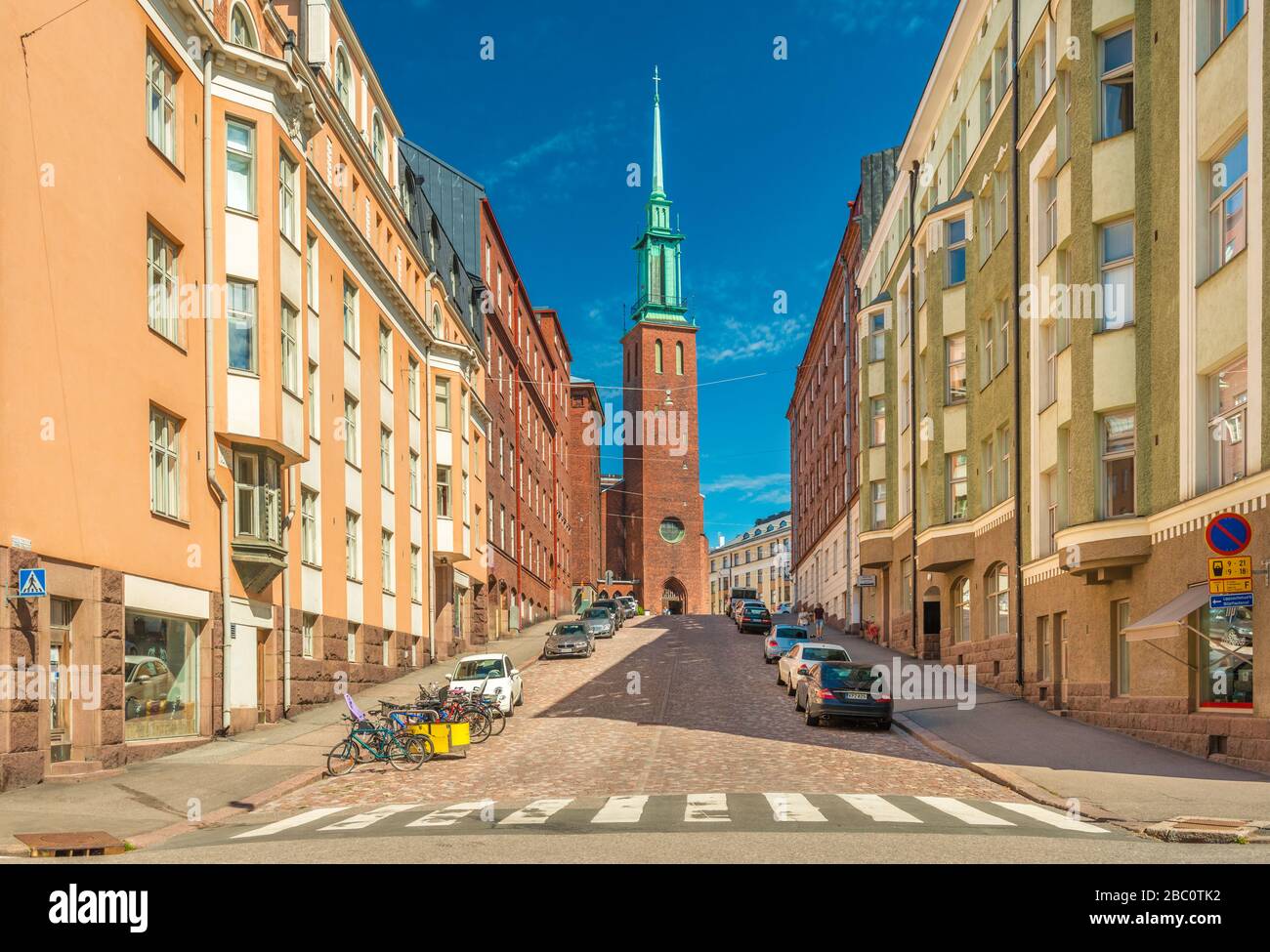 Helsinki - June 2019, Finland: A street with the traditional ...