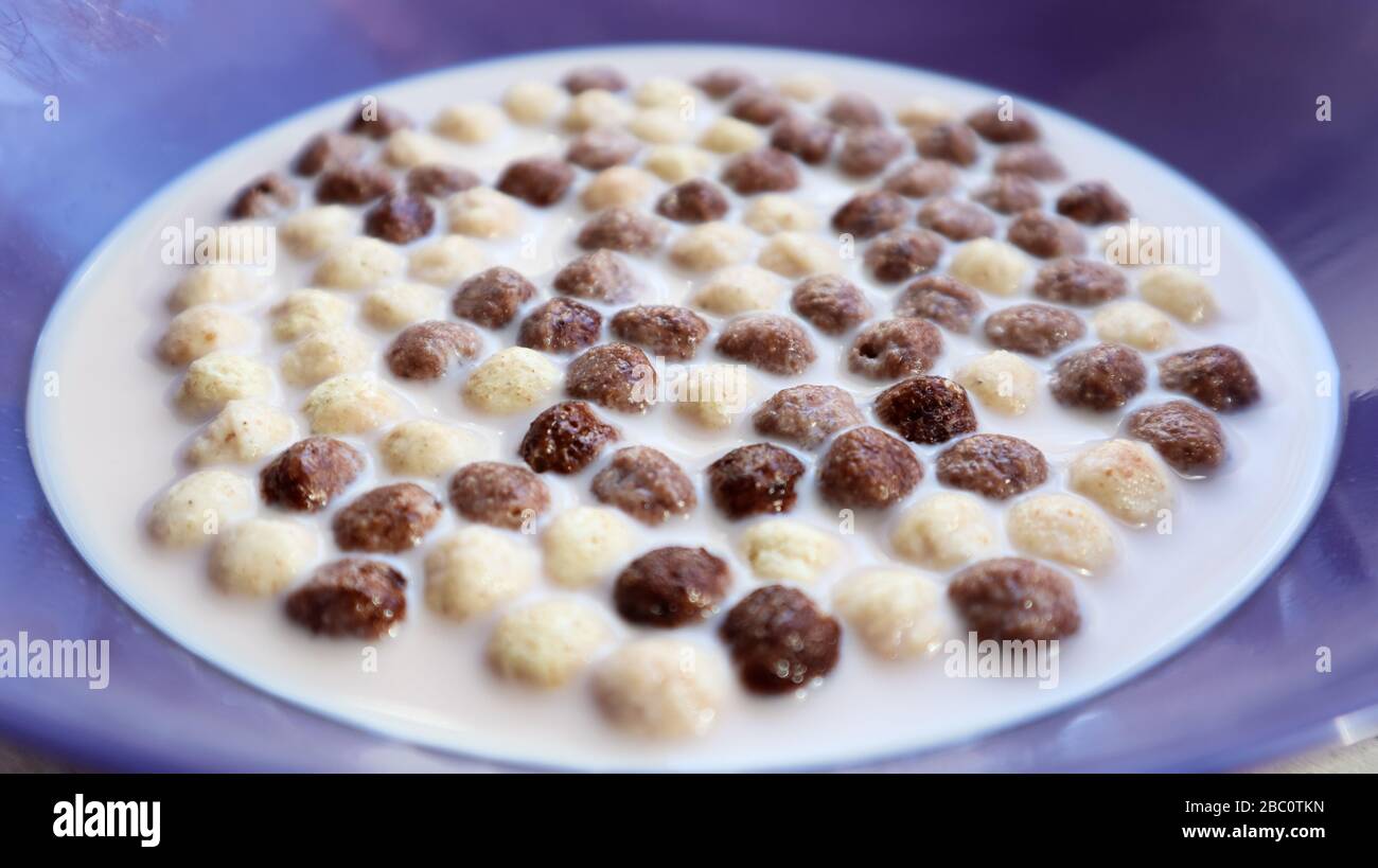 Healthy breakfast with milk on the table in a deep plate. Whole grain ...