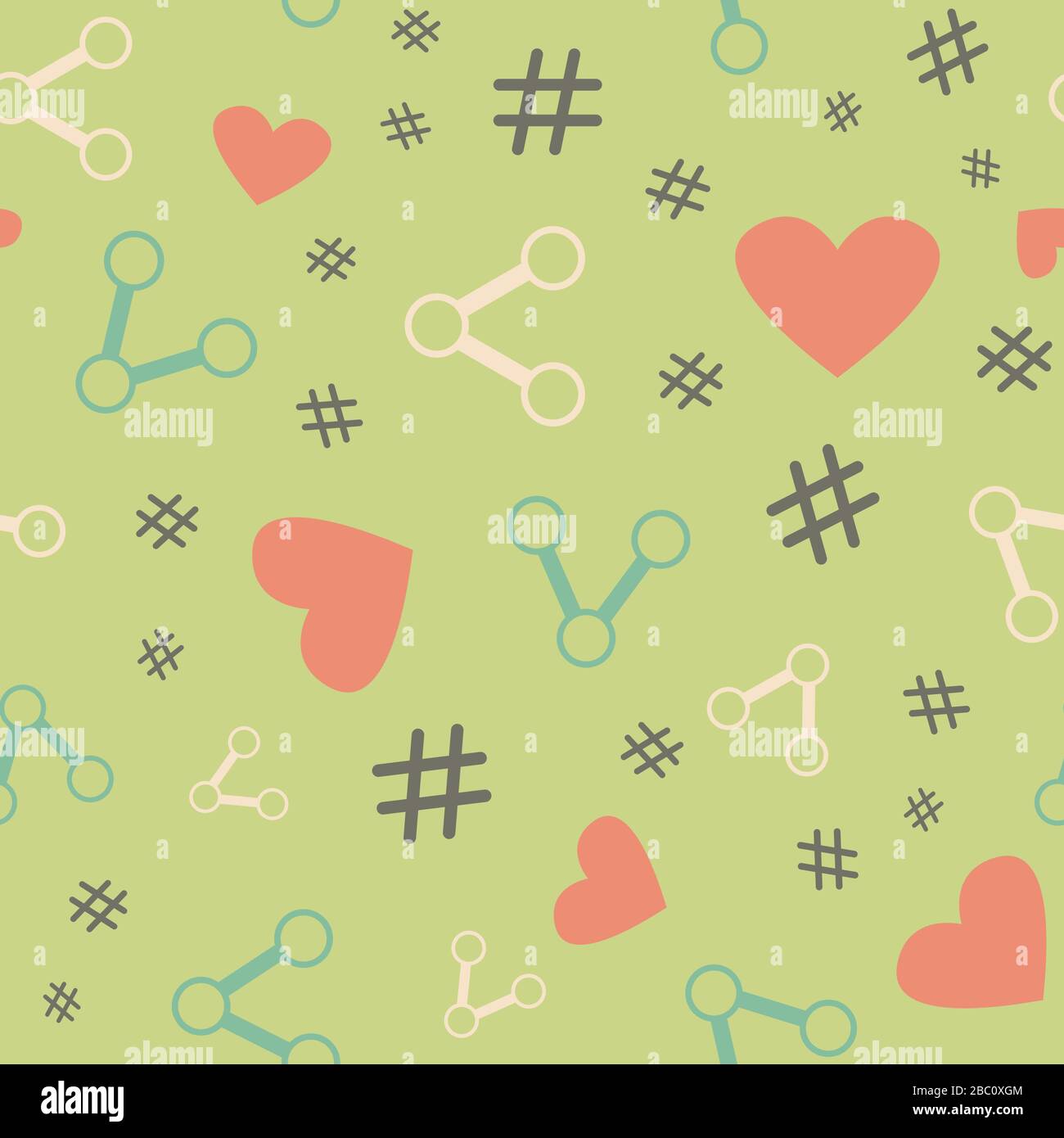 Share icon, hashtag, heart seamless vector pattern background. Retro ...