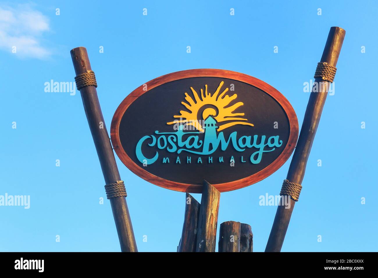 Costa Maya sign at the cruise ship terminal near Mahahual village ...