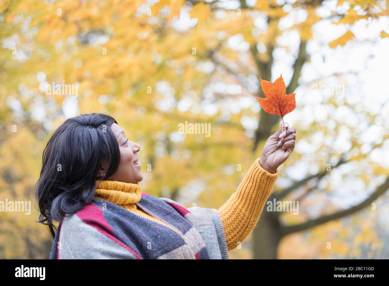 Curious woman holding orange autumn leaf below tree in park Stock Photo ...