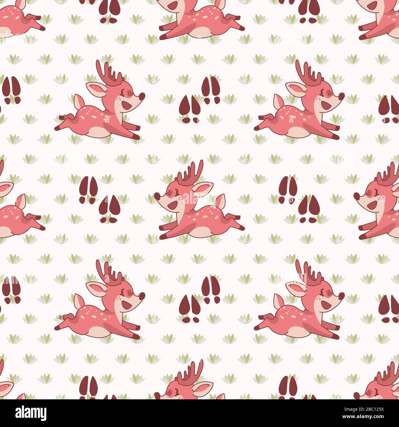 Cute cartoon deer with hoof print seamless pattern. Kawaii girly doe ...