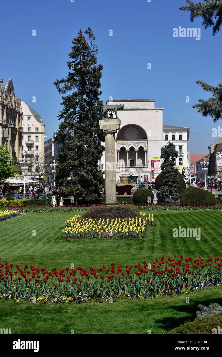 Romania, Timis, Timisoara, View through gardens to Opera House, Piata ...