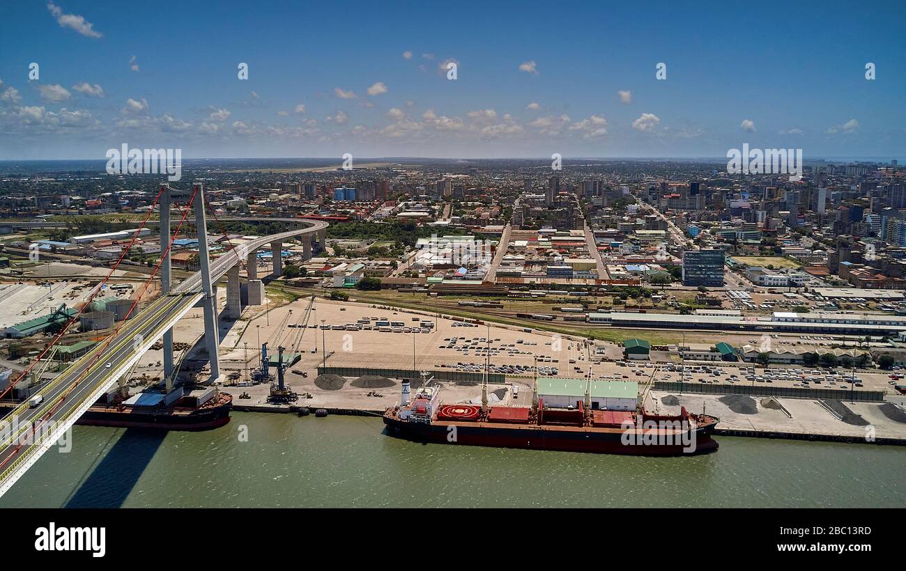 Mozambique, Katembe, Aerial view of two container ships sailing under ...