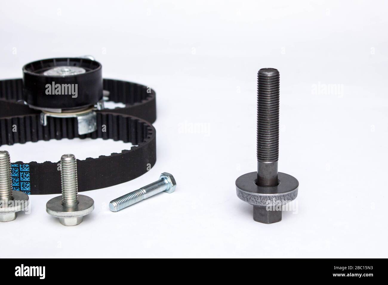 Repair kit: gear belt and bolts isolated on a white background Stock ...