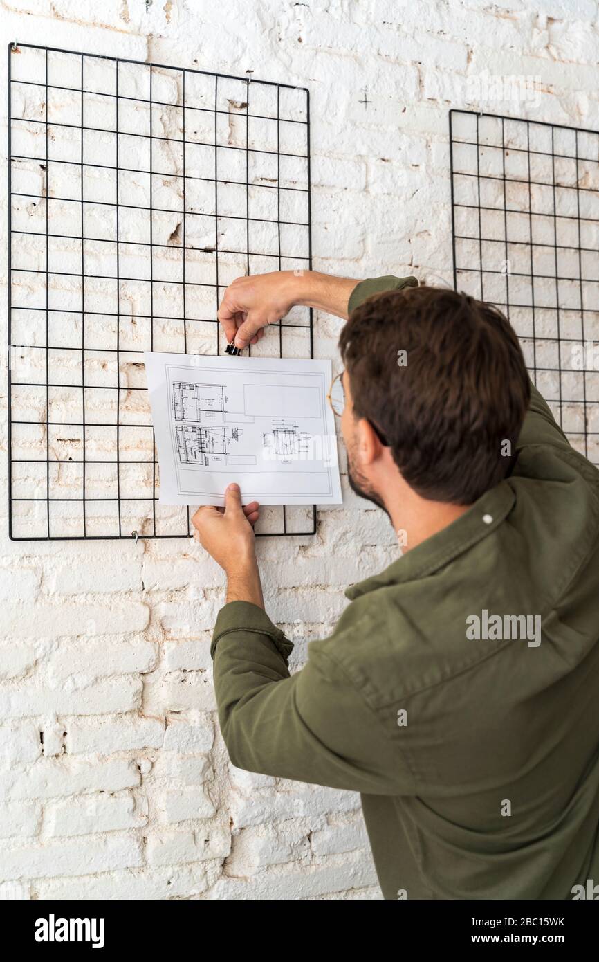 Rear view of man fixing architectural plan at the wall Stock Photo - Alamy
