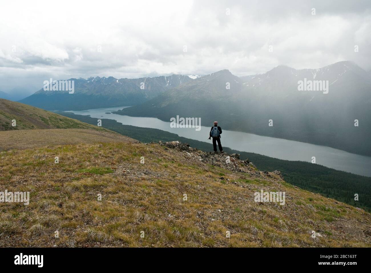 A hiker looks down at Cold Fish Lake and the Stikine Mountains in ...