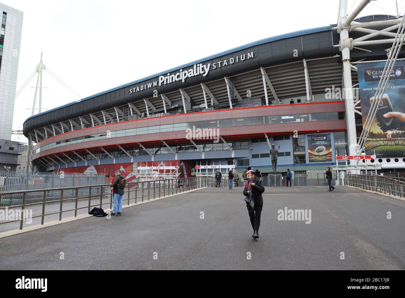 Principality Stadium, Cardiff UK. 14 March. A few fans still gather ...