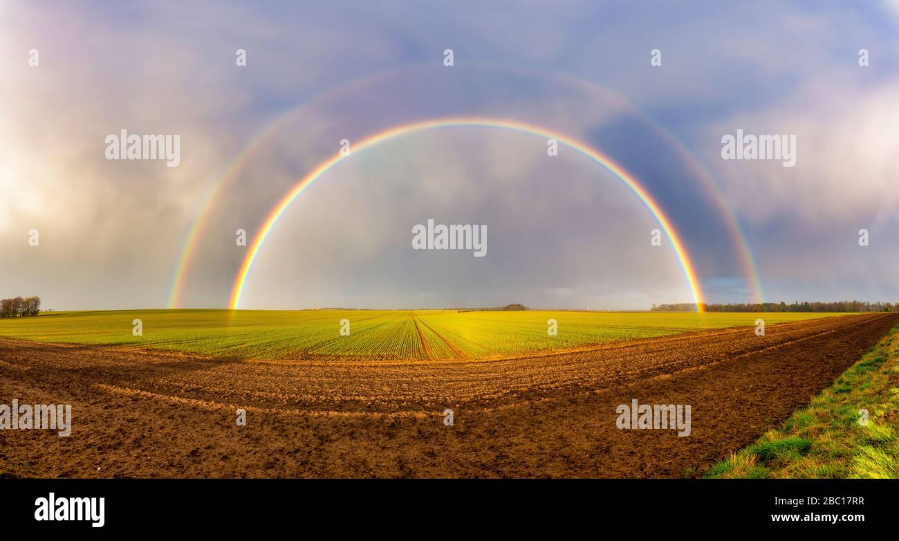 Europe, Scotland, East Lothian, Rainbow over field of young crops Stock ...
