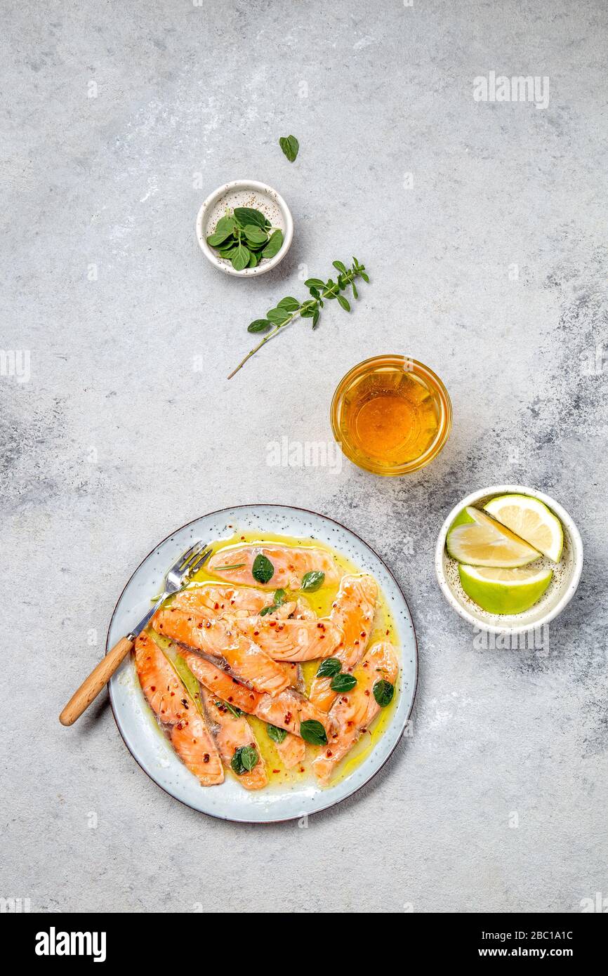 Latin American Italian dish Crudo de Salmon Raw Salmon fish platter ...