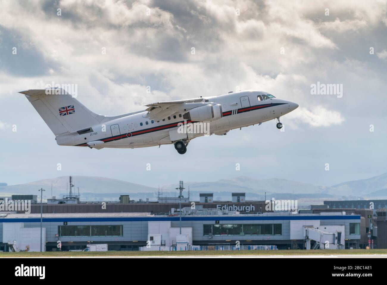 BAE 146 passenger jet of the Royal Air Force takes off from Edinburgh ...