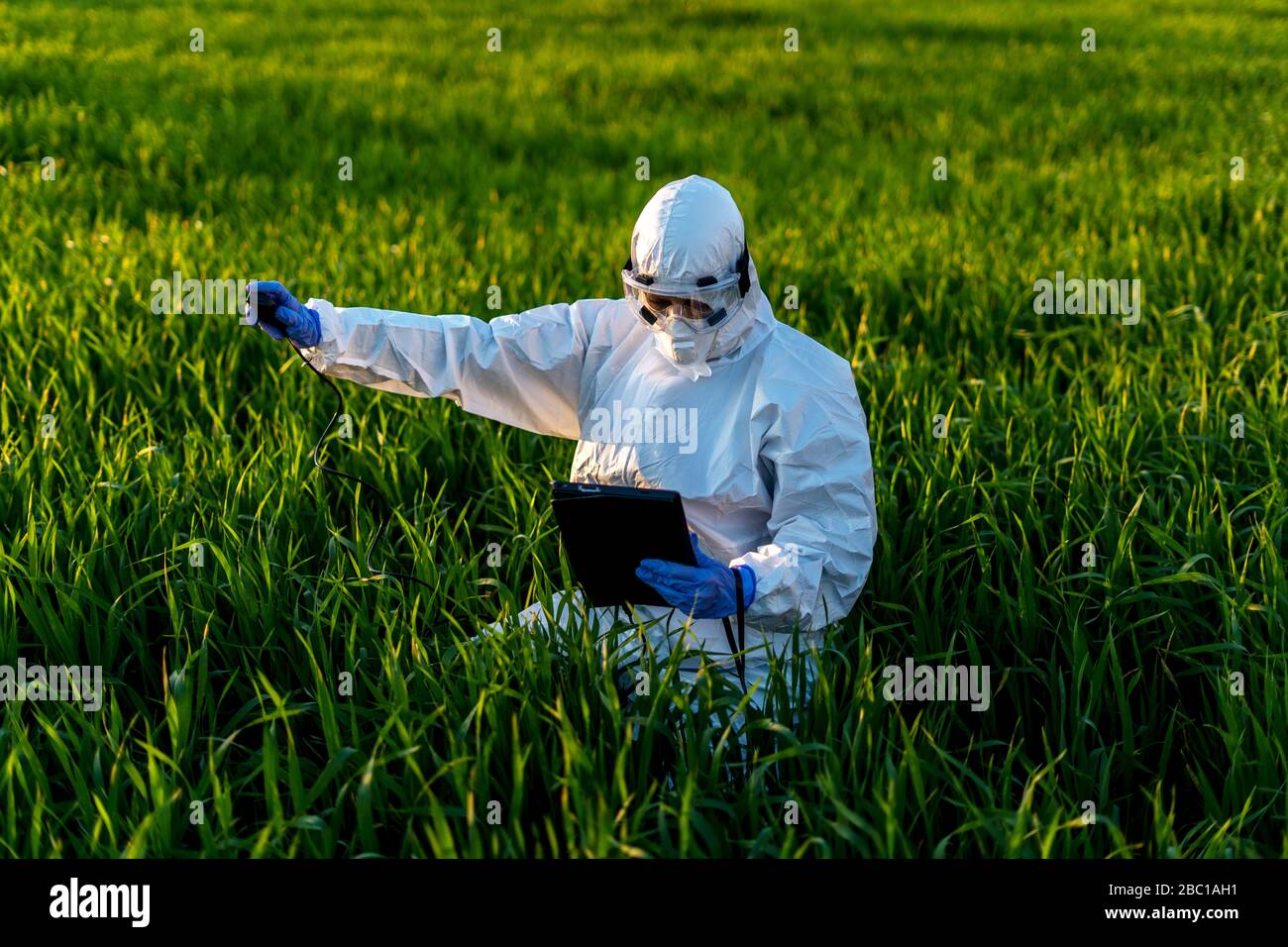 Female scientist researching in field and using measuring device Stock ...