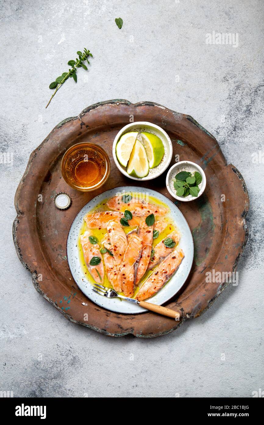 Latin American Italian dish Crudo de Salmon Raw Salmon fish platter ...